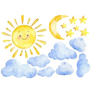 InnovativeStencils Watercolor Sun Moon Stars and Clouds Wall Decal Fabric Nursery Décor Art Print Stickers Peel an Stick #3088 (Blue Clouds)