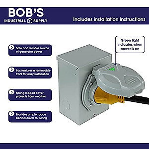 BISupply 50 Amp Generator Inlet Box - 3 Prong Power Inlet Box, SS 2-50P 125V/250V Connection Box with Light Indicator