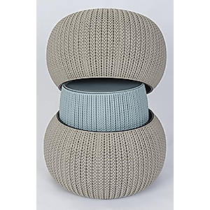Keter Urban Knit Pouf Ottoman Set of 2 with Storage Table for Patio and Room Décor - Perfect for Balcony, Deck, and Outdoor Seating, Misty Blue & Taupe