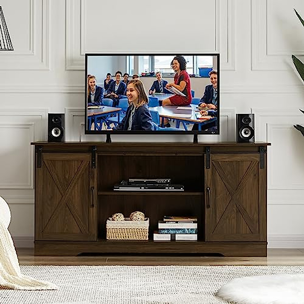 Okvnbjk Farmhouse TV Stand for 65+ Inch TV, Wood Entertainment Center with Sliding Barn Door, with Storage Cabinet & Adjustable Shelves, Media TV Console for Living Room Bedroom, Dark Walnut