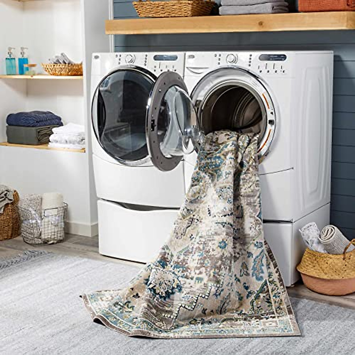 Hauteloom Cabacungan Traditional Persian Medallion Living Room Bedroom Area Rug - Machine Washable Distressed Carpet - Bohemian Oriental - Easy to Clean - Blue, Grey, Beige - 6'7" x 9'