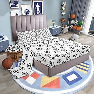 Soccer Kids Sheet Full Size,Ball Sports Games Competition Bedding Set,Girls Boys Adults Room Decor,American Football Cartoon Black White Unique Bed Sheet Set 4pcs(Fitted + Flat + 2 Pillowcases)