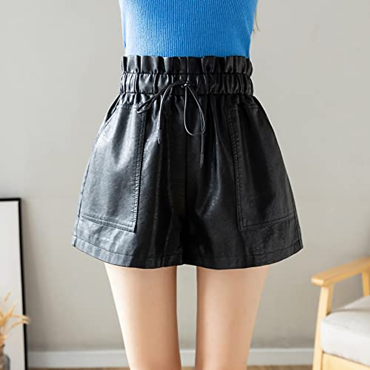 SCHHJZPJ High Waisted Wide Leg Black Faux Leather Shorts for Women (Black, L)