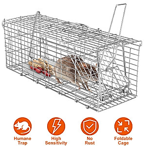 KOCASO Humane Live Rat Trap Foldable Live Animal Trap Humane Foldable Rat Trap Cage W/Detachable L Shaped Rod Squirrel Trap Galvanized Iron Mice Mouse Cage/Small Groundhog Control Bait Catch