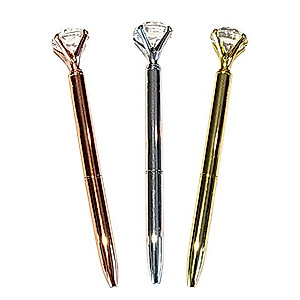 Diamond Pens (3pcs/lot) Assorted Metallic Gold Large Crystal Rhinestones Ballpoint Pens Cute Stationary Writing Utensils (Metal (Gold, Silver, Rose Gold))