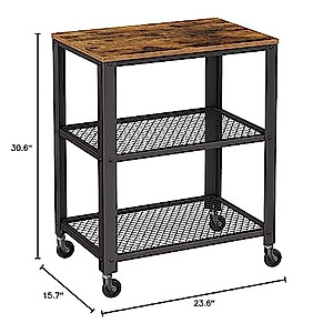 VASAGLE Serving Cart, 3-Tier Bar Cart on Wheels with Storage and Steel Frame, Rustic Brown ULRC78X