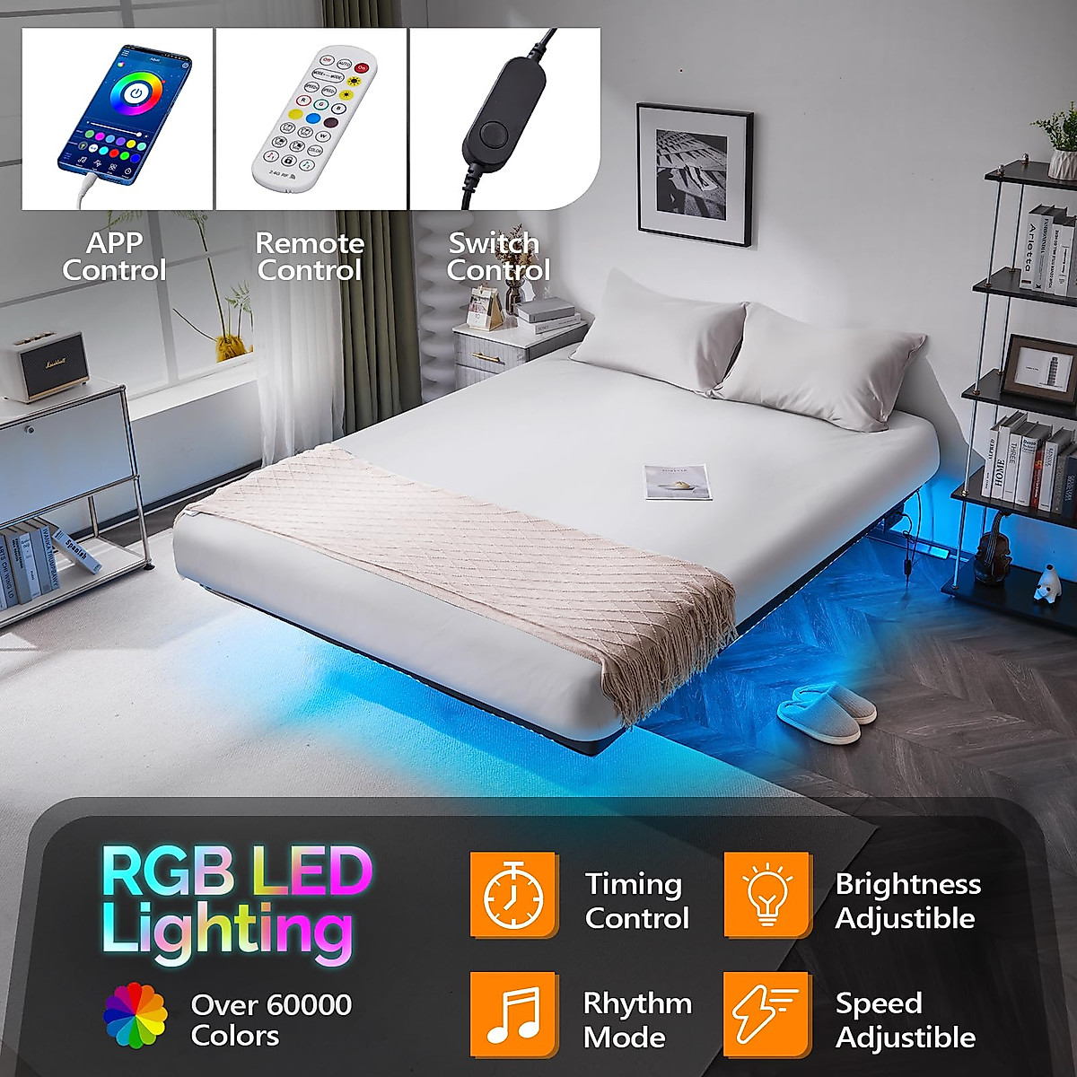 VINGLI Floating Bed Frame Queen with USB Charging Station/LED Lights, 14'' Platform Bed Frame Heavy Duty Metal Bed Queen Size for Kids Teens & Adults, No Box Spring Needed,Black