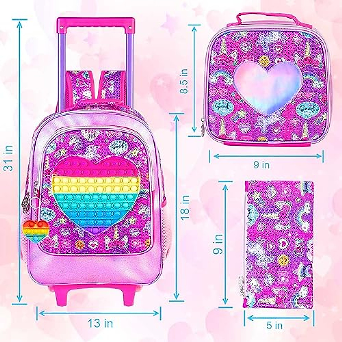 CCJPX 3PCS Kids Rolling Backpack for Girls, Unicorn Roller Wheeled Bookbag Toddler Elementary School Bag with Wheels Purple