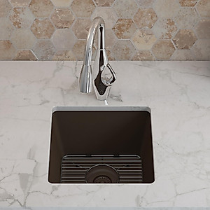 15" x 15" Quartz Kitchen Sink, Single Bowl Kitchen Sinks, Drop in Kitchen Sink, Granite Composite Kitchen Sink, Undermount Sink, Galaxy Mocha Kitchen Sink, Includes Grid, Strainer, Flange, LP-1515-M