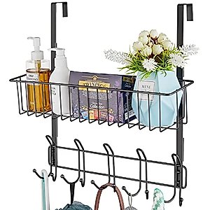 OUTNILI Over The Door Organizer Bathroom - Over Door Hanger Towel Rack with 15 Hooks & 1 Basket - Black Rustproof & Waterproof Stainless Steel Door Organizer for Bathroom Kitchen Bedroom Accessories