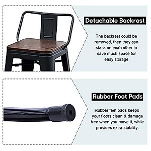 Alunaune 24” Metal Bar Stools Set of 4 Counter Height Barstools Industrial Counter Stool with Wood Top (Low Back,Matte Black)