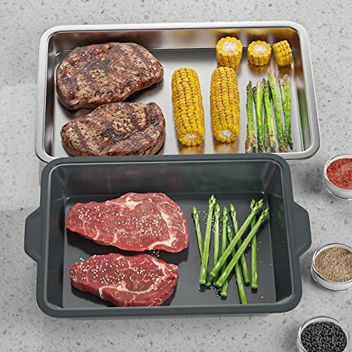 Food Prep BBQ Tray, 4-piece Grill Prep Trays Include a Silicone Marinade Container for Marinating Meat & a Stainless Steel Serving Platter for all your Grilled Barbecue, Heavy Duty & Easy Clean, Grilling Gifts for Men
