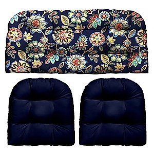 RSH Décor Indoor Outdoor 3 Piece Tufted Wicker Cushion Set, (Standard, Daelyn Navy + Navy Blue)