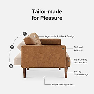 mopio Aaron Couch, Futon Sofa Bed, Sleeper Sofa, Loveseat, Couches for Living Room, Bedroom, Mid Century Modern, Arms Split Back Design 77.5" (Faux Leather, Pecan Brown)