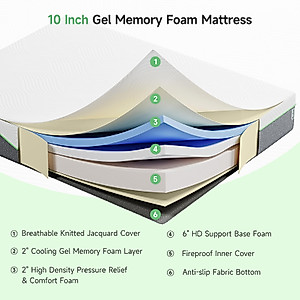 koorlian King Size Mattress, 10 Inch Gel Memory Foam Mattress in a Box with Breathable Knitted Cover, Pressure Relief Supportive King Mattress with Motion Isolation, Green