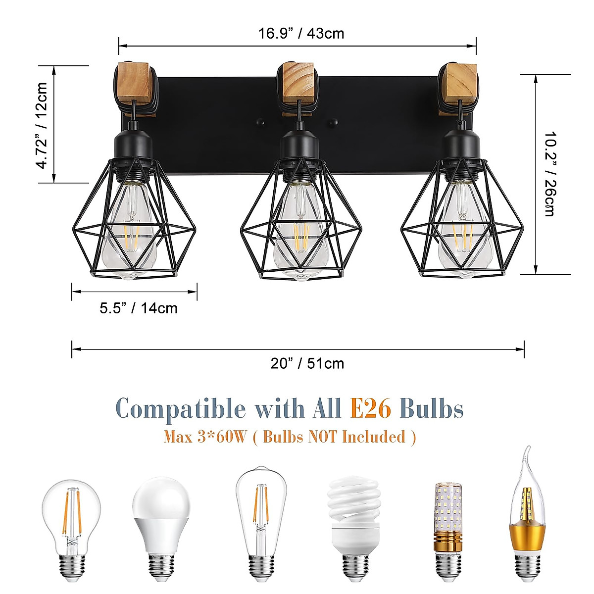 Farmhouse Vanity Light for Bathroom, 3-Light Wood Bathroom Vanity Light Fixtures Over Mirror, Rustic Sconces Wall Lighting with Metal Lampshade for Living Room, Bedroom, Hallway