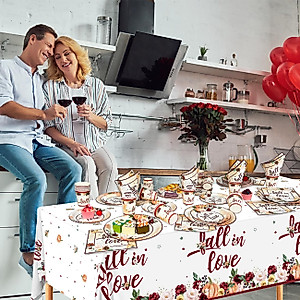 Zhynice Fall in Love Bridal Shower Decorations 121 Pcs Fall Wedding Disposable Dinnerware Autumn Floral Pumpkin Plates and Napkins Cups Tablecloth for Fall Theme Wedding Engagement Supplies 30 Guest