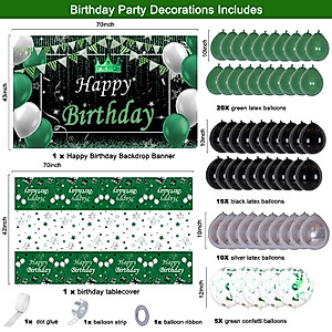 Birthday Decorations for Men Women, Green Black Birthday Party Decorations Happy Birthday Backdrop Banner Latex Confetti Balloons Disposable Tablecloth Boys Girls Bday Party Supplies