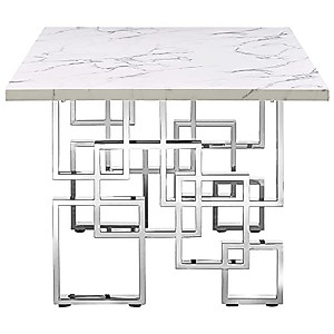 AZhome Modern Dining Table, 78 inches Rectangular Dining Room Table for 6, White Rectangle Tabletop with Silver Mirror Stainless Steel Geometric Base