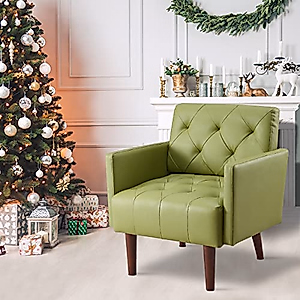 PEIHONGET Faux Leather Accent Chair, Modern Retro Arm Chair for Living Room and Bedroom Tufted Upholstered Sofa Club Chair Comfy Armchair for Small Spaces Bedroom Office (Olive)