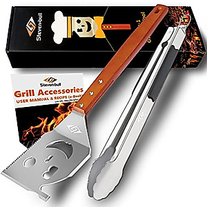 Heavy Duty BBQ Grill Tongs and Spatula for Outdoor Grill, 18 Inch Metal Grill Spatula Comes with an Extra Long Locking Kitch Tongs, Best BBQ Gift for Barbecue Grilling Master