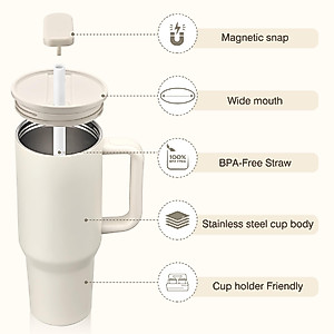 Pawtong 40oz Magnetic Lid Insulated Tumbler with Handle, 360° Rotating & Removable Cover, Leak-Proof Travel Mug with Soft Silicone Straw for Drivers, Commuters, Road Trips, Dishwasher Safe (Beige)