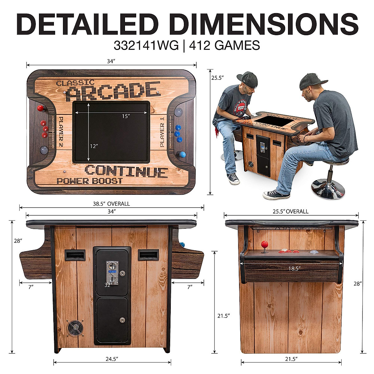 Creative Arcades Full Size Commercial Grade Cocktail Arcade Machine | 2 Player | 412 Games | 19" LCD Screen | Square Glass Top | LED Lights | 2 Sanwa Joysticks | 2 Stools Included | 3 Year Warranty