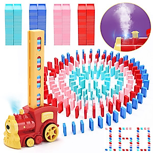 Skirfy Birthday Gift Kids Toys Dominoes Train Set- 160PCS Domino Blocks Set Automatically Run with Real Steam Function, with Lights and Sound,Creative Toys for Kids Aged 4-8 with Storage Bag