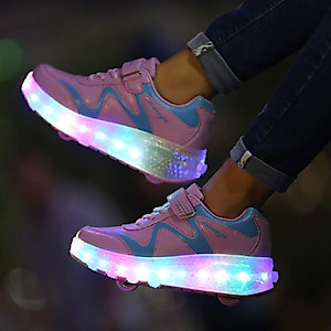 Ehauuo Kids Wheels Roller Shoes for Girls USB Light Up with Wheels Roller Sneakers for Gift (11 M US Little Kid, A-Pink)