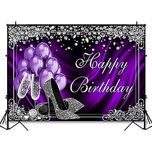 Avezano Silver Purple Birthday Photography Backdrops 7x5ft Purple Balloons Silver High Heels Champagne Diamond Adult Women Birthday Party Banner Decoration for Photo Booth Photoshoot Background