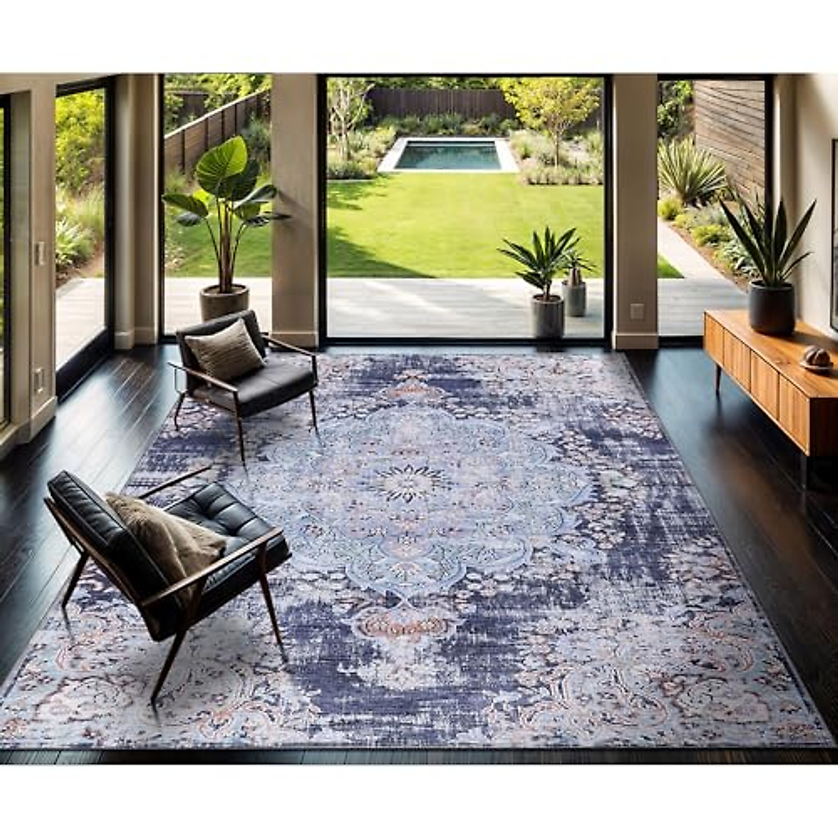 CAMILSON Printed Area Rugs with Ultra Thin Super Strong for Living Room Bedroom, Vintage Rug 8x10, Stain and Water Resistant, Traditional Bohemian Indoor Carpet (8 x 10, Blue)