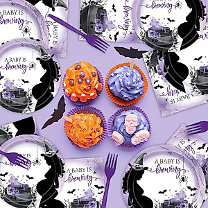 96Pcs Halloween Baby Shower Party Plates Supplies - A Baby is Brewing Halloween Party Tableware Decorations Gender Reveal Disposable Paper Plates Napkins Forks for for Baby Boy Girl Serves 24 Guests