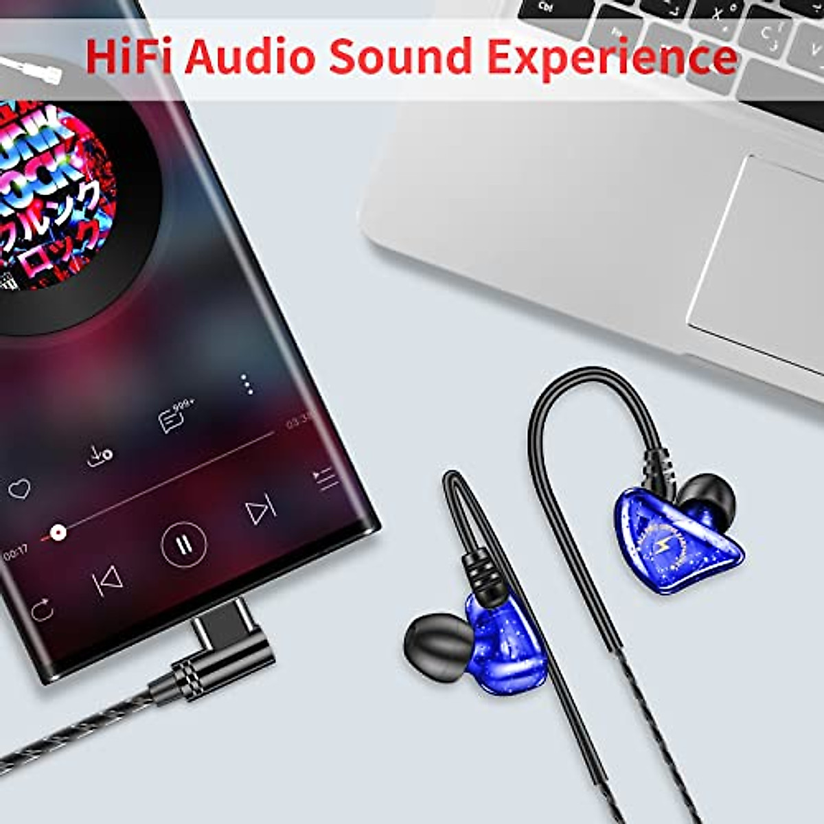 HoneyAKE USB Type C Headphone Earbuds Earphones with Microphone (Mic) in-Ear Wired Volume Control for Samsung Galaxy S8 Google Pixel 2 XL OnePlus 5 5T 3T, Over Ear Buds for Kids Women Small Ears Blue