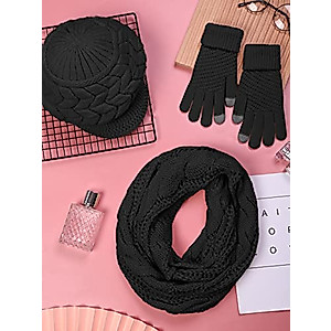 URATOT 3 Pieces Winter Beanie Hat with Brim Scarf Glove Warm Cap with Visor Knitted Touch Screen Glove Gifts for Women