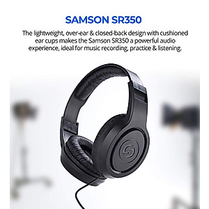 blucoil Samson Go Mic Mobile Professional Lavalier Wireless System for Mobile Video Bundle with Samson SR350 Over-Ear Stereo Headphones, 6-FT Headphone Extension Cable (3.5mm), and 4 AA Batteries