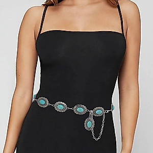 Navoky Turquoise Belly Body Chains Retro Silver Waist Chain Western Chain Belt Concho Belts Boho Body Accessories Jewelry for Women(S)