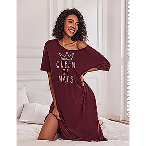 Ekouaer Women Long Nightgown Soft Short Sleeve O Neck Sleepwear Plus Size Night Shirt Nightshirt Wine Red XXXL