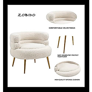 ZOBIDO Modern Accent Lambhair Chairs Comfy Upholstered Vanity Chairs for Bedroom Armchair Dining Chairs with Golden Metal Legs Desk Chair Single Person sofafor Living Room(White)