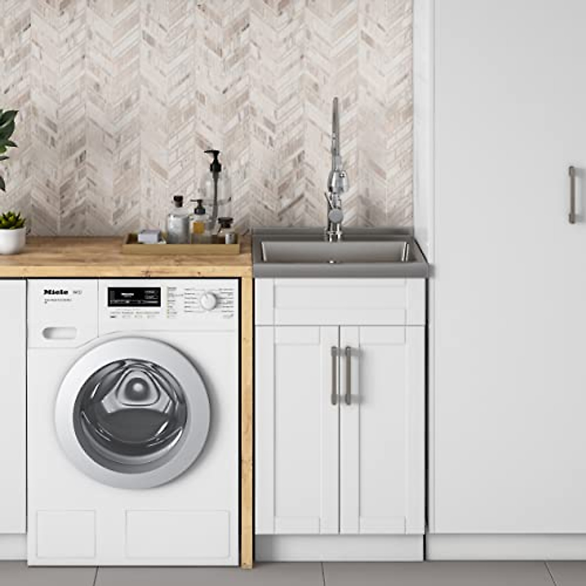 SIMPLIHOME Hennessy All-in-One Utility Sink & Cabinet in Pure White, 20-inch, Laundry Cabinet with Stainless Steel Sink, Chrome Faucet, Shaker-Style Doors for Laundry Room, Garage, Mudroom