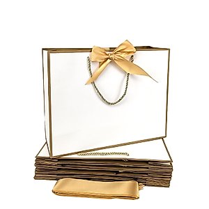 TKSBAG 12PCS Gift Bags with Handles, 12.5 x 9.8 x 4.3 Gift Bags Large, White Gold Thank You Bags with Bow Ribbon for Wedding, Birthday, bridesmaid, Groomsmen, Christmas