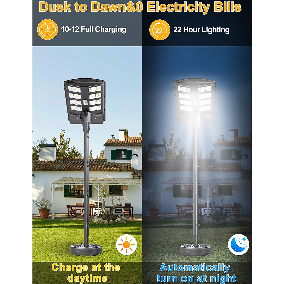 JAYNLT 6000W Solar Street Lights Outdoor with 78" Tall Pole, 3000K/4000K/6500K 400000LM Solar Floor Lamps Dusk to Dawn, IP68 Waterproof Solar Pole Lights with Motion Sensor for Yard, Patio, Camping