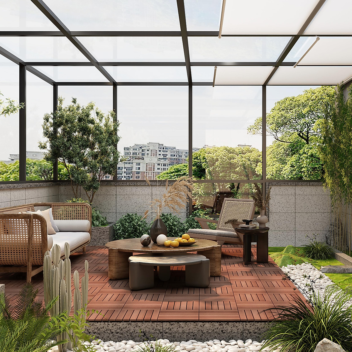 PrimeZone 108 PCS Solid Acacia Wood Interlocking Patio Deck Tiles - 12" x 12" Indoor Outdoor Waterproof Flooring Tiles for Balcony, Backyard, Garden & Poolside, All Weather Use, Brown