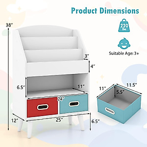 GLACER 5-Tier Kids Bookshelf, Wooden Children’s Book Rack with Toy Storage Organizer, Toddler Montessori Bookshelf with 2 Foldable Storage Cubes, Kids Bookcase for Nursery, Classroom, Playroom (White)