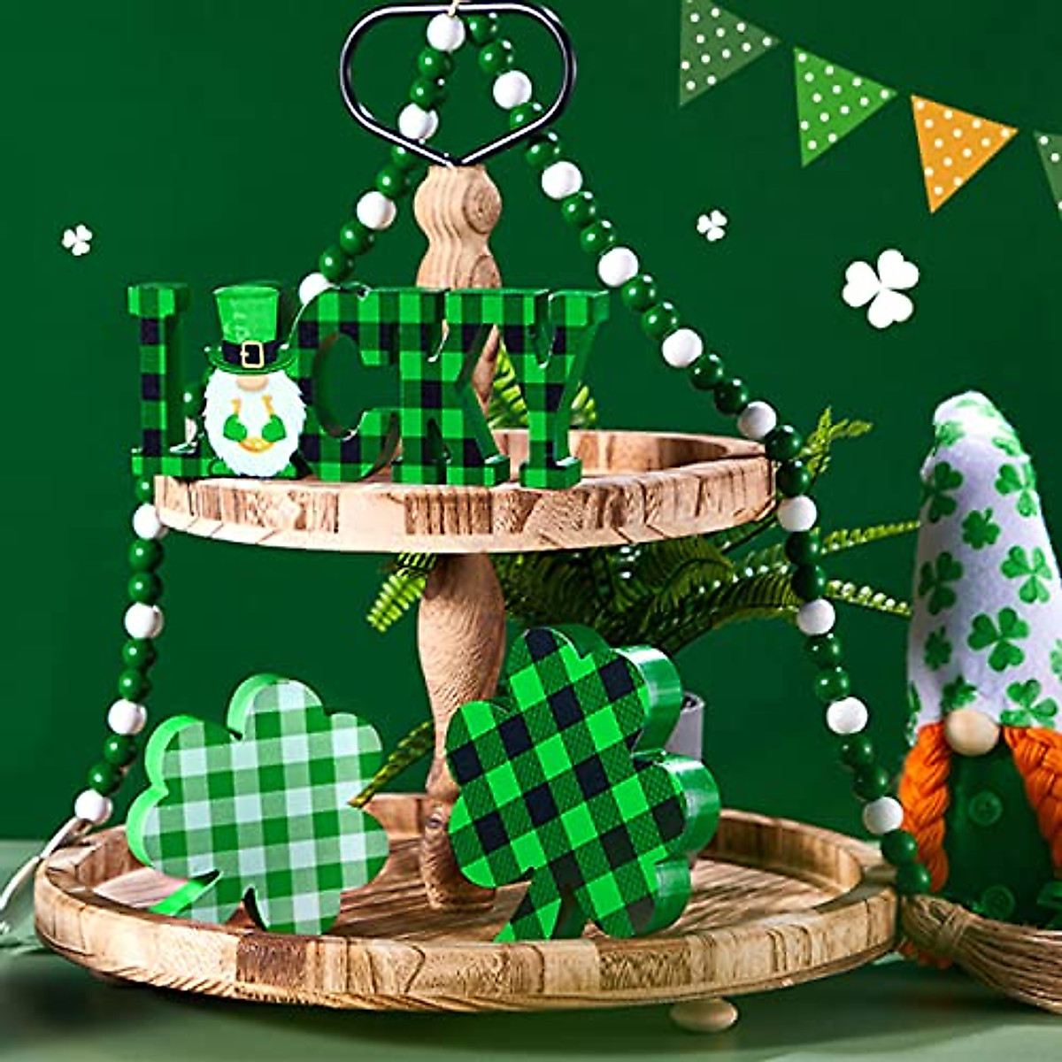 BOBOBOX 3 Pcs St Patric Day Table Signs Decoration, Shamrock Wooden Lucky Table Decor Irish Freestanding Tiered Tray Tabletop Decorations for St. Patrick's Day Party Home Table Decor