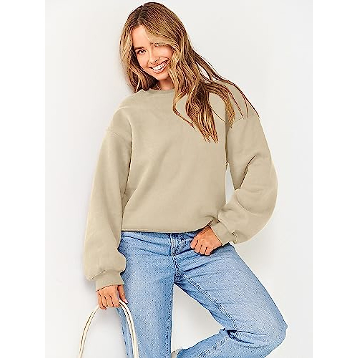 Caracilia Women's Long Sleeve Sweatshirts Crewneck Loose Fit Cotton Fuzzy Khaki Pull Over 2023 Fall Fashion Outfits Oversized Cute Teen Girls Solid Y2K Fleece Hoodie C102A6-zongse-M