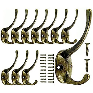 11 Pack Dual Wall Hooks Heavy Duty Made of Metal Wall Mounted with 22 Screws Hooks Fits for Coat,Bag,Towel,Hat,Key,Robes,Retro (Antique Brass, 11PCS)
