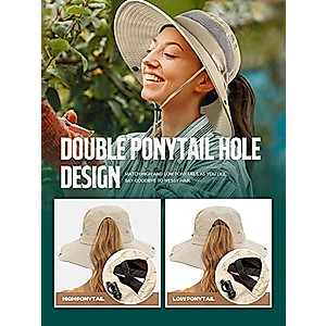 Sun Hat with Two Ponytail Hole for Women, Womens UV Protection Wide Brim Foldable Waterproof Beach Bucket Fishing Safari Hat