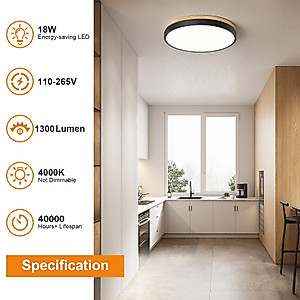 Vikaey Modern Wood LED Ceiling Light Fixture, Minimalist Black Flush Mount Ceiling Lamps, Round Ceiling Lighting Fixtures for Bedroom, Dining Room, Kitchen, Laundry Room, Hallway (NOT Dimmable)