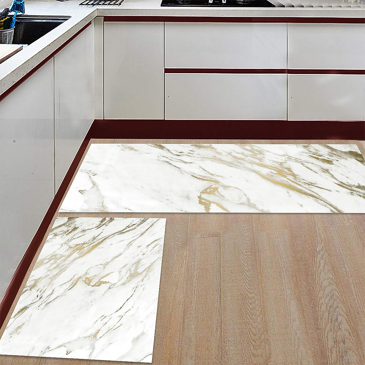 CHARMHOME Kitchen Floor Mats Kitchen Rugs 2 Piece White and Gold Marble Texture Soft Waterproof Oil Proof Non-Skid Rubber Back Washable Doormat 20"x 31" + 20"x 47"