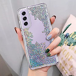 Coolwee Clear Glitter for Galaxy S21 FE Case Thin Flower Slim Cute Crystal Lace Bling Shiny Women Girl Floral Plastic Hard Back Soft TPU Bumper Protective Cover for Samsung Galaxy S21 FE Mandala Henna